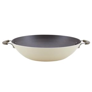 rachael ray cook + create nonstick wok pan with side handles, oven safe, easy to clean, 14 inch, almond