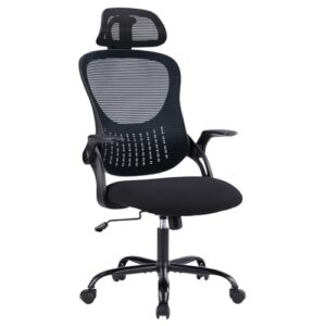 home office desk chair, ergonomic mesh high back computer chair height adjustable swivel task chair with headrest and flip-up armrests, black