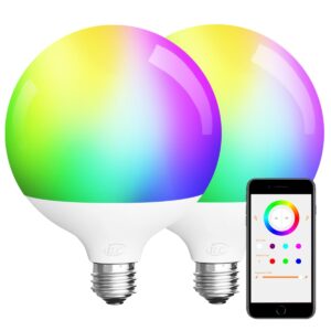 ilc g120 led large globe light bulbs 15w, work with alexa required echo device, Φ4.72 inch, color changing, cct color temprature turnable 2700k-6000k, cri>95+, 150w equivatlent, e26 base (2 pack)