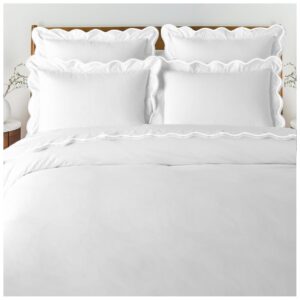 clarence linen scalloped trim duvet cover & shams 100% cotton sateen 400 thread count (fullqueen, white scalloped)