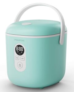 pokapoka mini rice cooker 2 cup uncooked, small travel rice cooker with portable handle, 24-h timer delay, led display, 1.2l non-stick inner pot, aqua