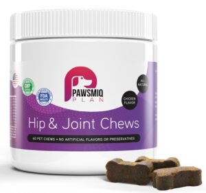 pawsmiq plan hip and joint chews - anti-inflammatory joint support - glucosamine, chondroitin, msm and type ii collagen chews - for small, medium & large dogs - increased joint care - 60 ct