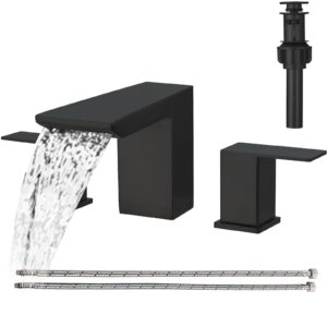 besy matte black bathroom faucet 3 holes two handles vanity widespread 8 inch bathroom sink faucet, waterfall bathroom sink faucet with cupc supply hoses, pop up drain, stainless steel