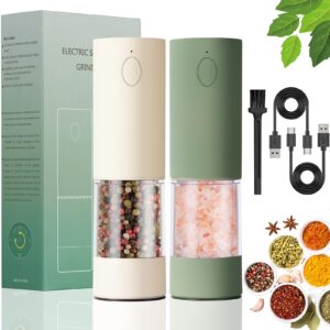 opiiv 2 pack electric salt and pepper grinder set - usb rechargeable automatic salt pepper mill shaker with led light, adjustable coarseness, one hand operation (sage/buttercream)