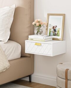 aobafuir floating nightstand shelf with drawer, small modern wall mounted nightstand, shelves for bedroom, white diamond