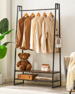 asgolion clothing rack, clothes rack for hanging clothes, garment rack with 2 shelves and 4 hooks, metal standing clothes rack for bedroom, closet, rustic brown