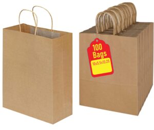 premium 10x5x13 paper bags with handles - pack of 100, kraft paper bags ideal for shopping, wedding, business, retail, craft, gifts & more - durable, 100% recyclable brown quality bags