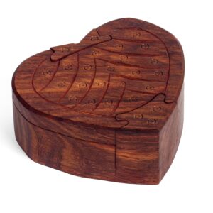 lify all natural exotic woods puzzle box, with sliding wooden key lock, sliding cover and inner lid to hidden compartment. hand-made wood onlay design on lid.- 1 piece (heart (double open))