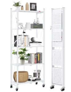 deanic 5-shelf folding bookcase with wheels, heavy duty storage shelves, freestanding metal wire shelving unit for living room, office, kitchen, basement, pantry (white)