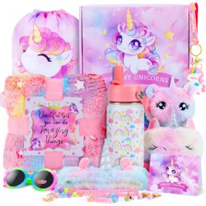 unicorn toys for girls kids toys 5 6 7 8 9 10+ years old, kids unicorn gifts with glowing blanket/ water bottle/ eye mask/headband/crossbody bag/sunglass/12pcs birthday gift toys for girls 6-10+