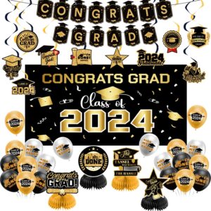 graduation decorations class of 2024,gold themed graduation decorations set,class of 2024 backdrop banner,graduation hanging swirl,balloons and honeycomb supplies for graduation party (gold)