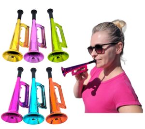 metallic trumpet noise makers - 12 pack (7") fun mini shiny blow horn plastic musical noisemaker for new year birthday party favor, sport school graduation events (metallic trumpets, 12, pack)