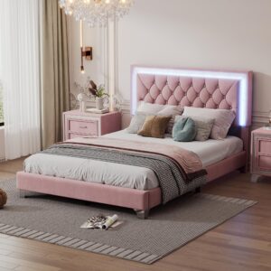 bedgjh upholstered full size bed frame with led lights, modern velvet platform bed with tufted headboard, perfect for kids teens girls & boys bedroom,no box spring needed/easy assembly (pink, full)