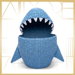 adore decor sharky laundry hamper, child & pet safe basket, baby hamper for nurseries, cute toy basket for children's bedrooms, or cat & dog toy box, natural & sustainable water hyacinth, medium blue