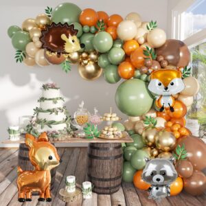 woodland animals balloon garland arch kit, 148pcs woodland themed sage green brown balloons forest animal baby shower neutral gender reveal party supplies oh baby jungle decorations