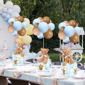 lenwen 3 sets jungle animal decoration for baby shower, baby letter boxes baby shower table centerpiece stuffed animals balloon with stand animal plush baby boxes for party(bear, blue)