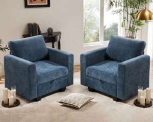 abcasa 38.5 oversized accent chair with storage blue chenille, single modern accent sofa chair with arms for apartment living room (21" deep seat)