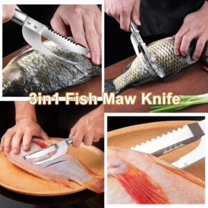 UGpine Stainless Steel Fish Maw Knife, 3 In 1 Fish Maw Knife, Multifunction Fish Scale Knife, Fish Scale Remover, Household Kitchen Fish Scale Tool