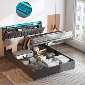 queen size lift up storage bed frame, height adjustable storage headboard with charging station, led lights upholstered platform bed, wooden slat support, no box spring needed, noise-free, dark grey