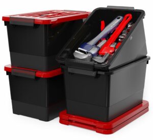 wyt 17 quart stackable plastic storage bins with red lids, 4 pack black containers with latching buckles and handle, durable nestable boxes organizing for closet, garage, tool room