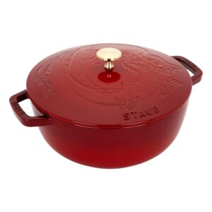 staub specialty shaped dutch cast iron 3.75-qt essential french oven dragon lid-cherry