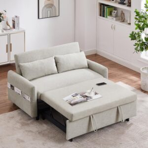 convertible chair bed, 3 in 1 convertible sofa bed sleeper chair with 3 level adjustable backrest & 2 pillow, pull out sofa bed in microfiber, sofa bed couch loveseat sleeper bed for living room,beige