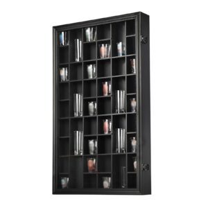 sboitflmm shot glass display case - 46 shot glass holder - shot glass shelf wall mount wooden lockable with removable shelves for collection shot glass uv protection acrylic glass door, black