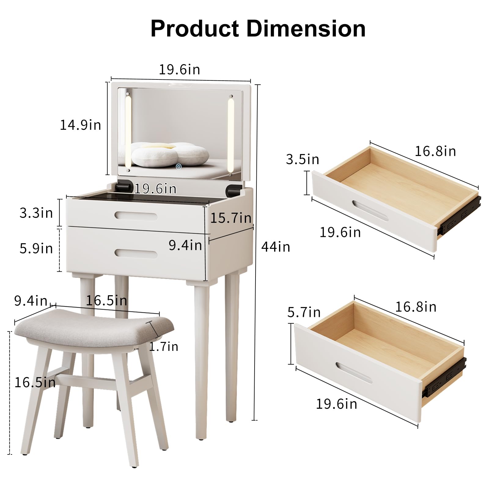 KASLANDI Solid Wood Vanity Desk with Plip Top Mirror & Lights, Small Makeup Vanity with Drawers, 3 Lighting Modes Adjustable Brightness, Vanity Table for Bedroom and Living Room（White