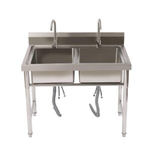 2 compartment commercial stainless steel sink,free standing utility double bowl restaurant sink,kitchen prep & utility sink for home garage bar laundry room 39.3" l×23.6" w×31.5" h