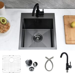 16 inch black bar sink with faucet, 16 x 18 x 10 inch drop in black kitchen bar sink gunmetal topmount small kitchen sink 16 gauge stainless steel single bowl sink bar prep sink outdoor sink