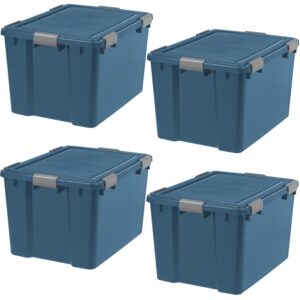 iris usa weatherpro 74 qt eco-friendly storage bins with lids, 4 pack, bpa-free plastic gasket box with tight latch and seal, stackable nestable tote tub - navy