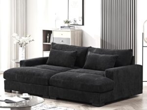 container furniture direct luxe sleeper sofa with soft corduroy upholstery, double chaise design, convertible to twin size bed, modern and comfortable living room couch, extra large, black