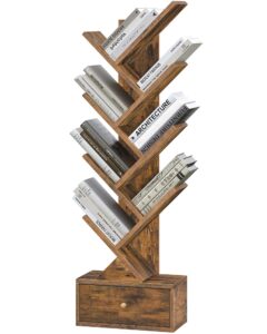 yzosvki 9 tier tree book shelf with drawer, floor standing bookshelf storage organizer bookshelves for books/cds, 9 shelf narrow bookcase for sturdy room, bedroom, living room, rustic brown