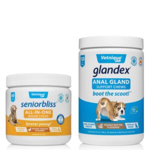 glandex anal gland support chews peanut butter 120 ct and seniorbliss all-in-1 chews 60 ct bundle peanut butter, hickory chicken, probiotic for dogs and cats, glucosamine for dogs, dog multivitamin