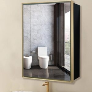 fomayko bathroom medicine cabinet with aluminum framed mirror,24"x30" surface mount bathroom vanity mirror，single door gold bathroom mirror with storage cabinet