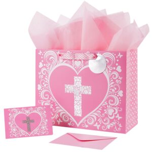 jwscysy 12.6" large pink gift bag with metallic silver floral cross design, card and tissue paper for baby girl baptisms, christenings, first communions religious