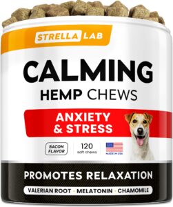 hemp calming chews for dogs - advanced dog calming treats - dog calming chews - anxiety relief treats - separation aid, barking, stress relief, thunderstorms - melatonin - hemp oil - 120ct - bacon