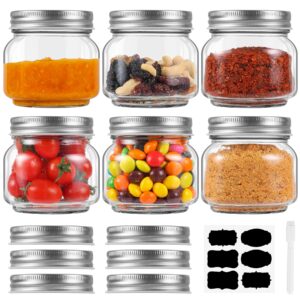 yl-esh 6 pack small mason jars with labels, 8 oz glass jars with airtight lids, half pint canning jars for jelly, jam, honey, pickles, spice, overnight oats, food storage, candle & diy present