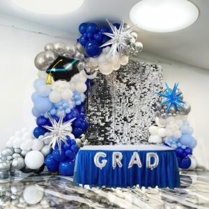 2024 graduation party decorations blue and white balloon arch kit 135pcs-congrats grad silver letter balloons, starburst foil balloons for blue silver white graduation party supplies