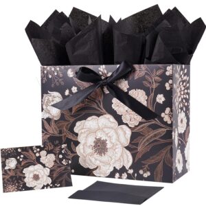 jaywayang large black and gold vintage floral gift bag with card ribbon and tissue paper for wedding, bridal shower, women birthday, mother's day, anniversary- 12.6" x 10" x 5.1"