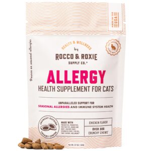 rocco & roxie allergy relief for cats, cat supplements & vitamins, probiotics to support gut health, fish oil for skin, sneezing and itching from seasonal allergies, tart cherry immune system support