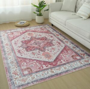 brichoee 8x10 rugs for living room boho washable rug large non-slip distressed area rug oriental neutral print floor rug indoor stain resistant, berry multi