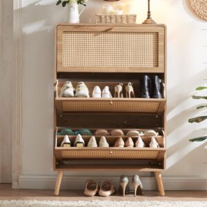 anewome rattan shoe cabinet with 3 flip drawers, 24 pairs shoe storage cabinet for entryway freestanding hidden shoe rack with drawers slim shoe organizer for hallway, living room, natural