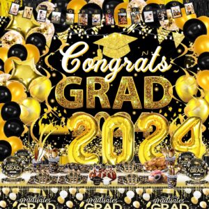 231pcs graduation decorations class of 2024, 2024 graduation party decorations for high school college with backdrop balloons paper plate cup napkin cutlery tablecloth balloon garland (black and gold)