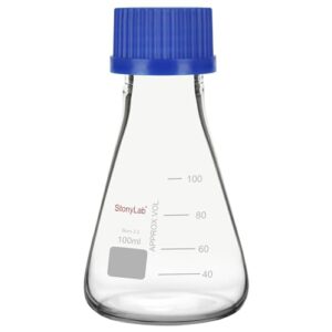 stonylab erlenmeyer flask with blue screw cap graduated lab borosilicate glass conical flask, 100 ml