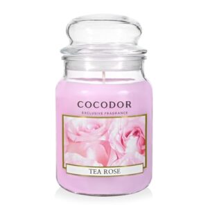 cocodor candle tea rose scented, large glass jar 18oz wick candle, 110 hours of burn time