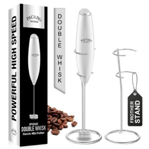 pacaho powerful milk frother with stand with double whisk, handheld electric foam maker, hand mixer wand, portable mini blender foamer stirrer for coffee creamer, latte, matcha,hot chocolate, silver