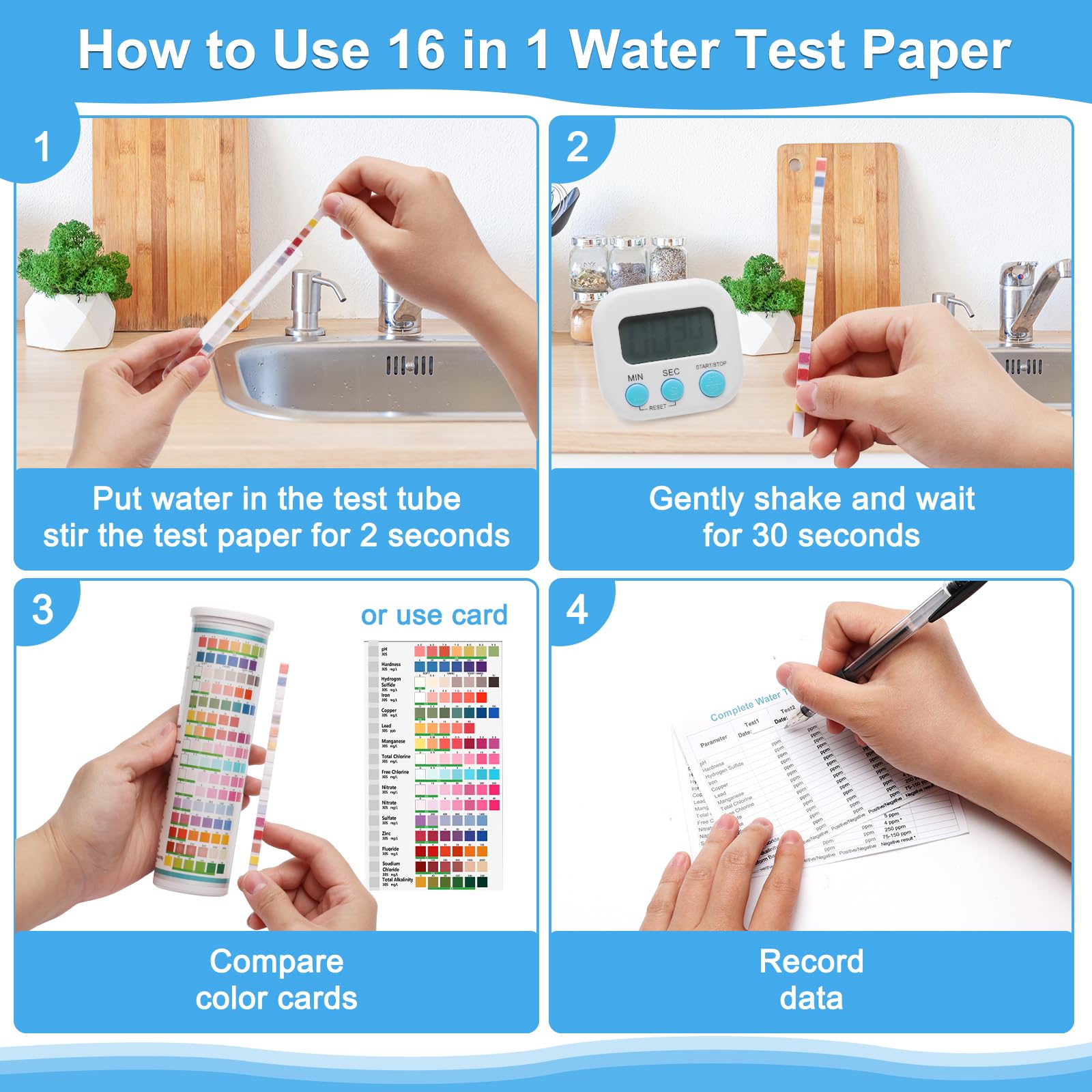 125+13Pcs 17in1 Drinking Water Test Kit, Luxiv 125P Water Quality Test Strips 6P E. coli Test Strips with Recording Paper, Timer Home Tap Well Water Test Kit for Lead Iron Copper Chlorine Fluoride PH