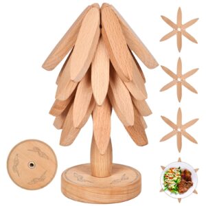 wooden trivets for hot dishes，christmas tree trivet,wooden tree coasters store like a christmas tree - 4 wooden trivet + 1 stand