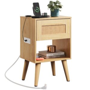 wlive rattan nightstand with charging station, boho night stand, small bedroom side table, end table with drawer and storage, wood bedside table for bedroom, small spaces, natural oak